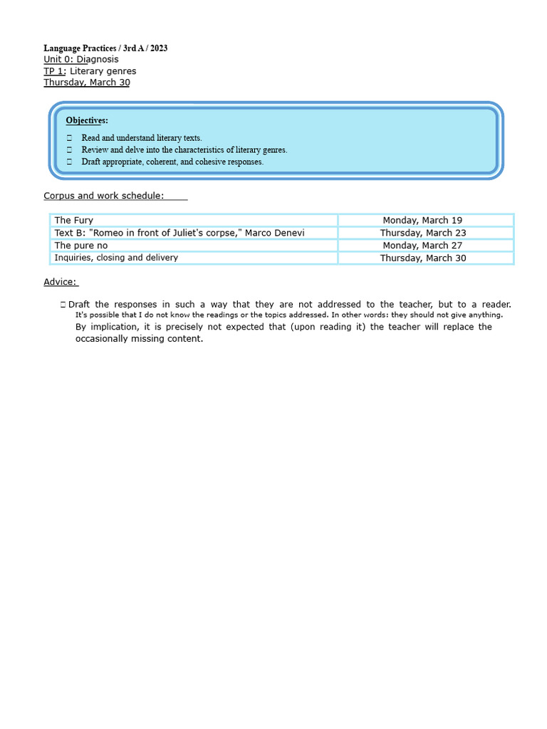 Practical Work 1 - Literary Genres - Unit 0 - Diagnosis | PDF | Genre ...