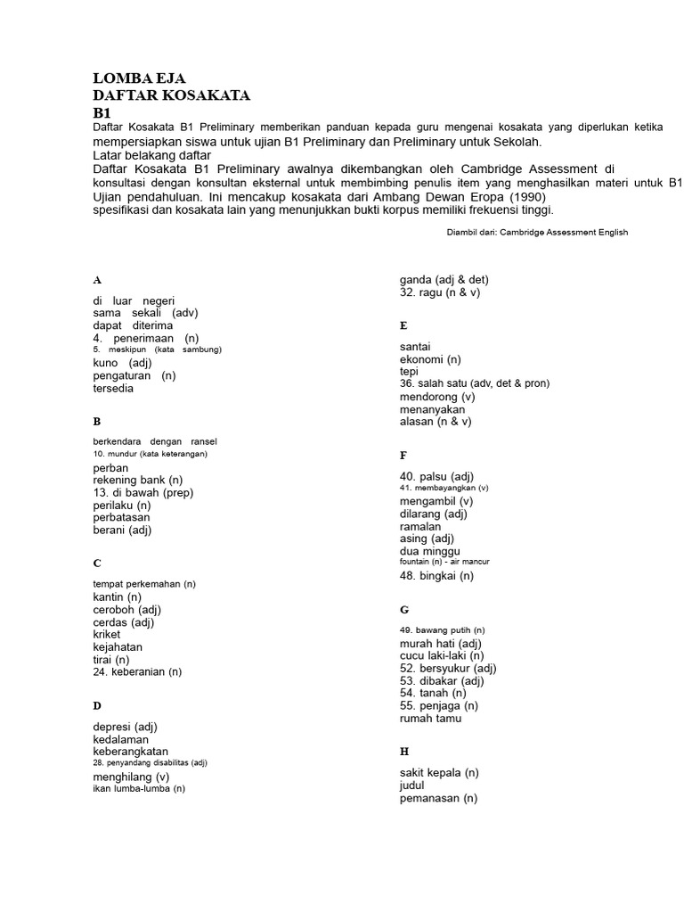 Kosakata Ujian B1 Preliminary | PDF