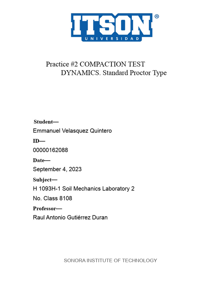 Practice #2 DYNAMIC COMPACTION TEST. Standard Proctor Type | PDF ...