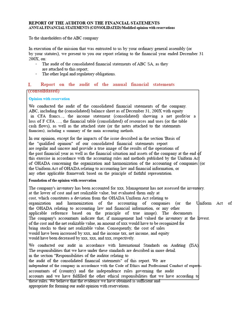 Modified Opinion Report Model With Reservation | PDF | Auditor's Report ...