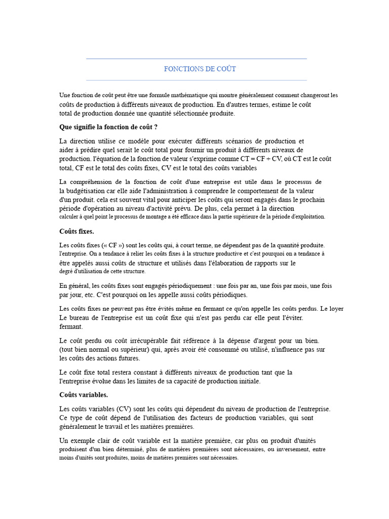 Comprendre les fonctions de coût en production | PDF