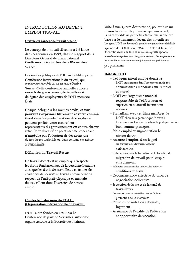 Définition du Travail Décent selon l'OIT | PDF | Organisation ...