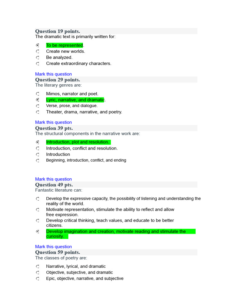 Children's Literature Quiz Week 7 | PDF | Narrative | Poetry