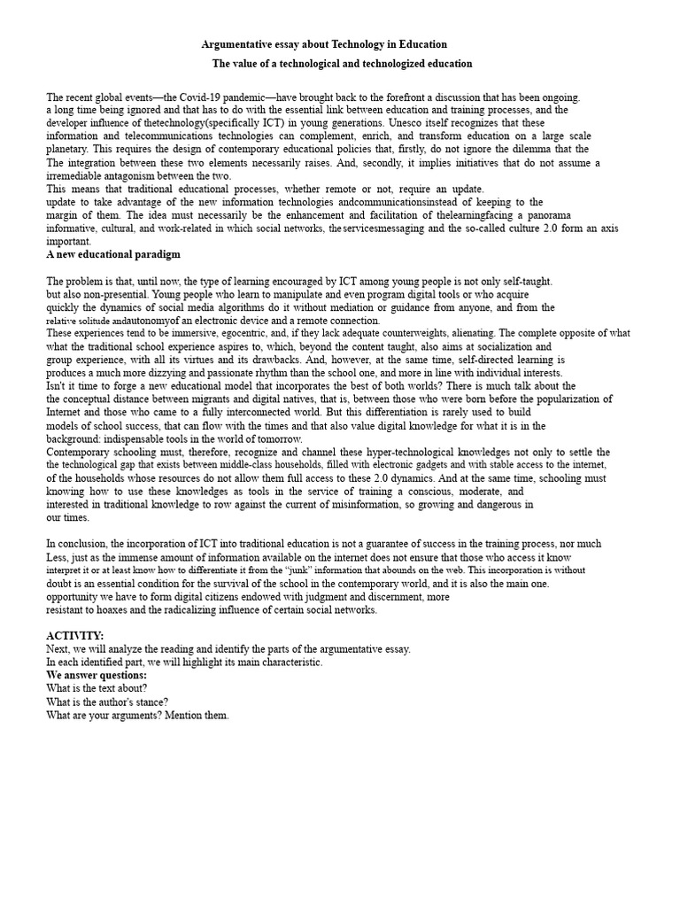 Argumentative Essay On Technology in Education | PDF | Information And ...