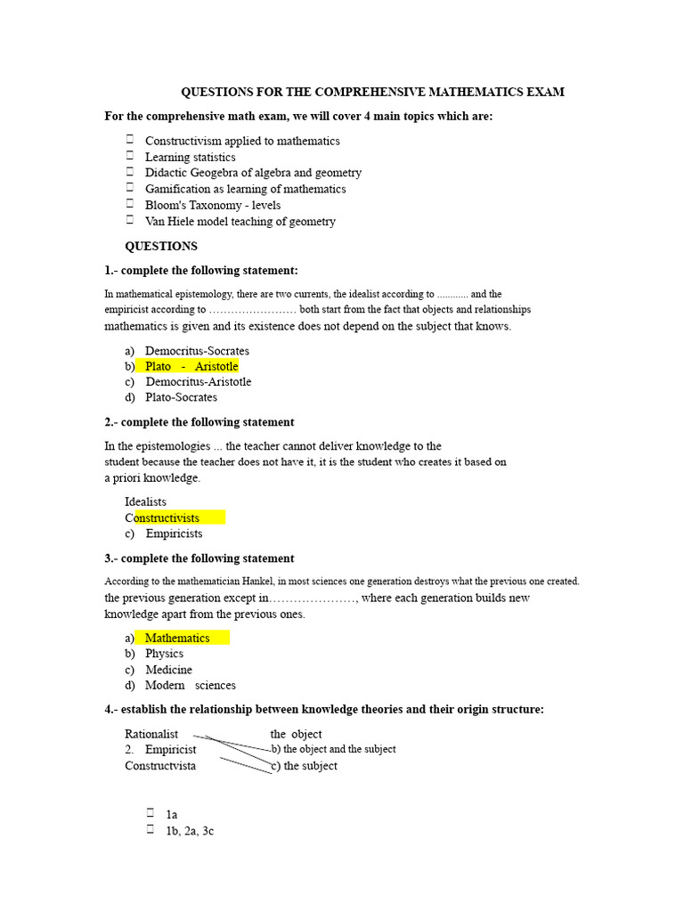 Comprehensive Math Exam Review Questions | PDF | Mathematics | Statistics