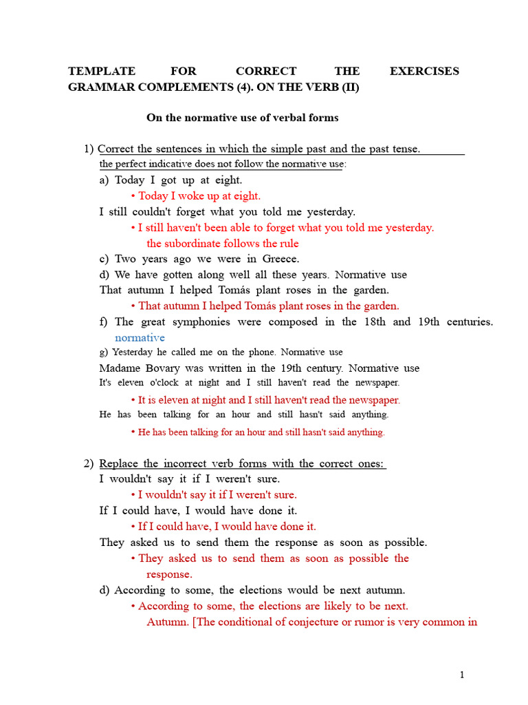 Template For Correcting The Complementary Grammar Exercises (4) - About ...