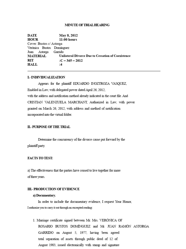 Draft Minute of Hearing For Trial in Case of Unilateral Divorce Due To ...
