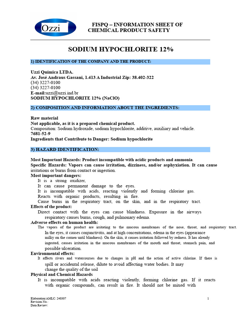 SDS Sodium Hypochlorite 12% - Uzzi | PDF | Chlorine | Dangerous Goods