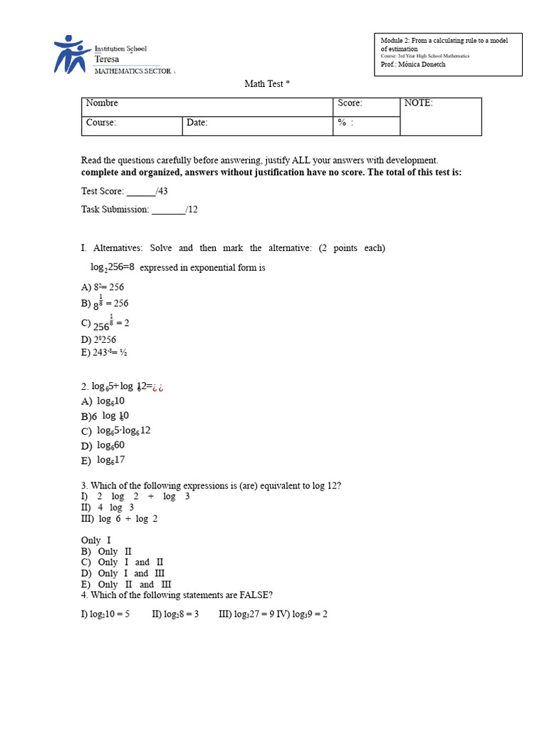 Differentiated Test Logarithms | PDF | Logarithm | Arithmetic