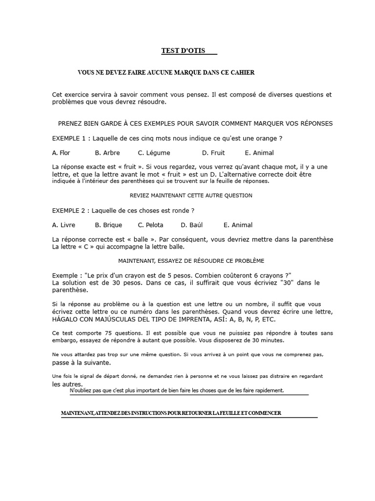 Test d'Otis : Évaluation cognitive | PDF