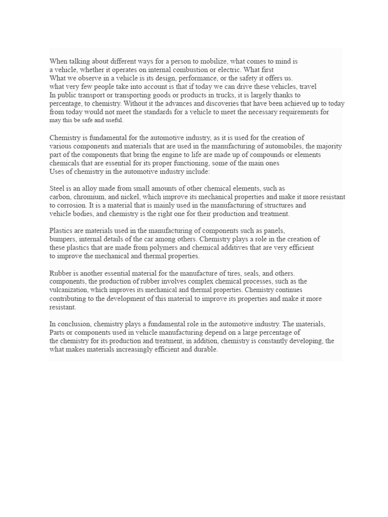 Importance of Chemistry in The Automotive Industry | PDF