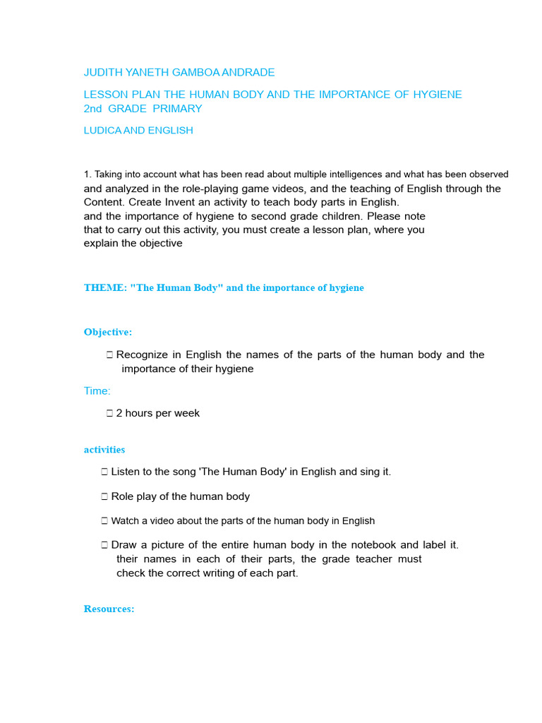 2nd Grade Lesson Plan: Human Body & Hygiene | PDF