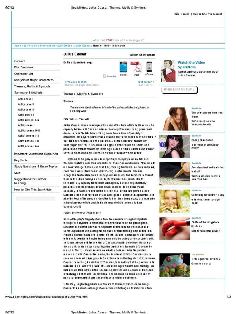 Spark Notes - Julius Caesar - Themes, Motifs & Symbols | PDF | Mark ...