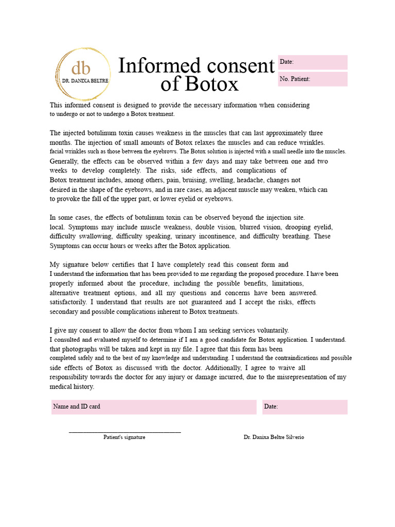 Botox Injection Consent Form | PDF | Botulinum Toxin | Clinical Medicine