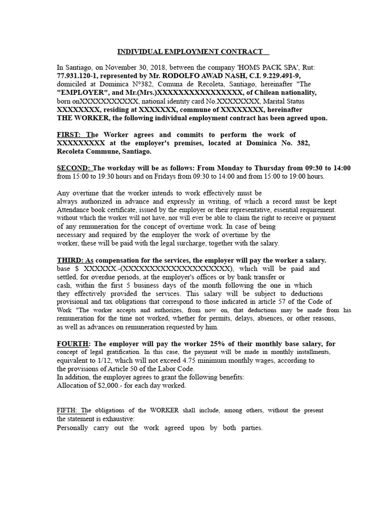 EMPLOYMENT CONTRACT HOMS PACK SPA Format | PDF | Salary | Employment