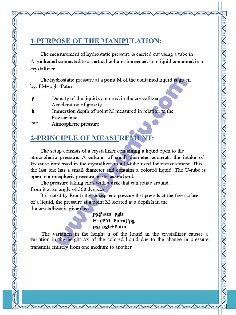 TP 1 MDF + Report - The Measurement of Hydrostatic Pressure - Fluid ...