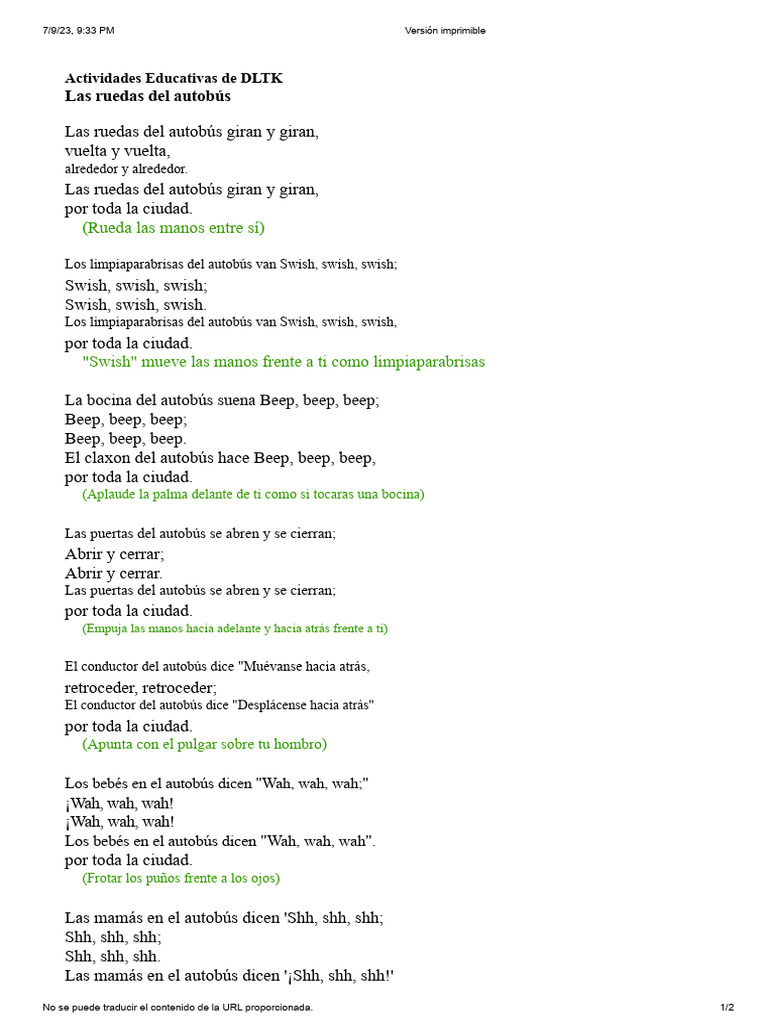 Actividades de la Canción "Las Ruedas del Autobús" | PDF