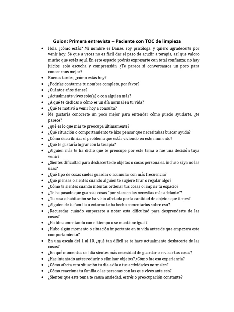 Guion Psicologo Paciente TOC Limpieza | PDF | Terapia de conducta cognitiva | Salud mental