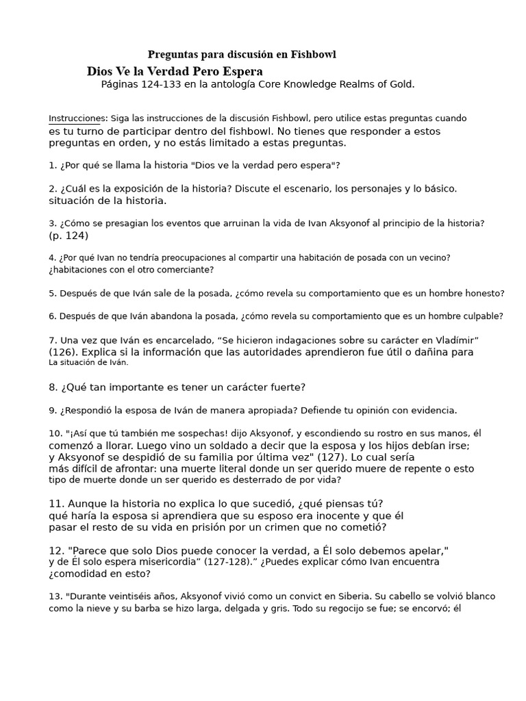 Preguntas para La Discusión en Fishbowl SOBRE DIOS VE LA VERDAD ESPERA ...
