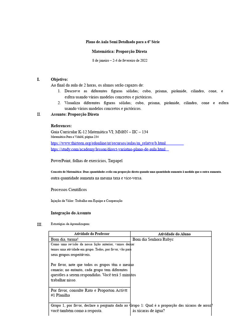 Plano de Aula Semi Detalhado para o 6º Ano - Matemática Figuras Sólidas - COT1 | PDF | Tempo ...