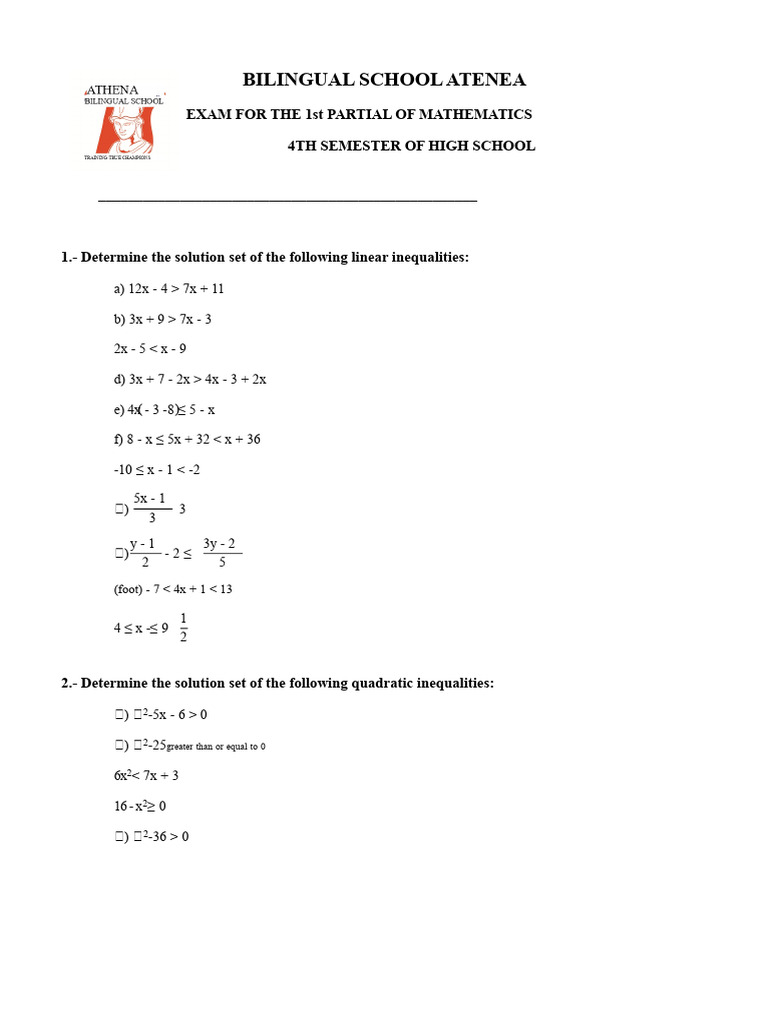 High School Math Exam: Linear & Quadratic Inequalities | PDF