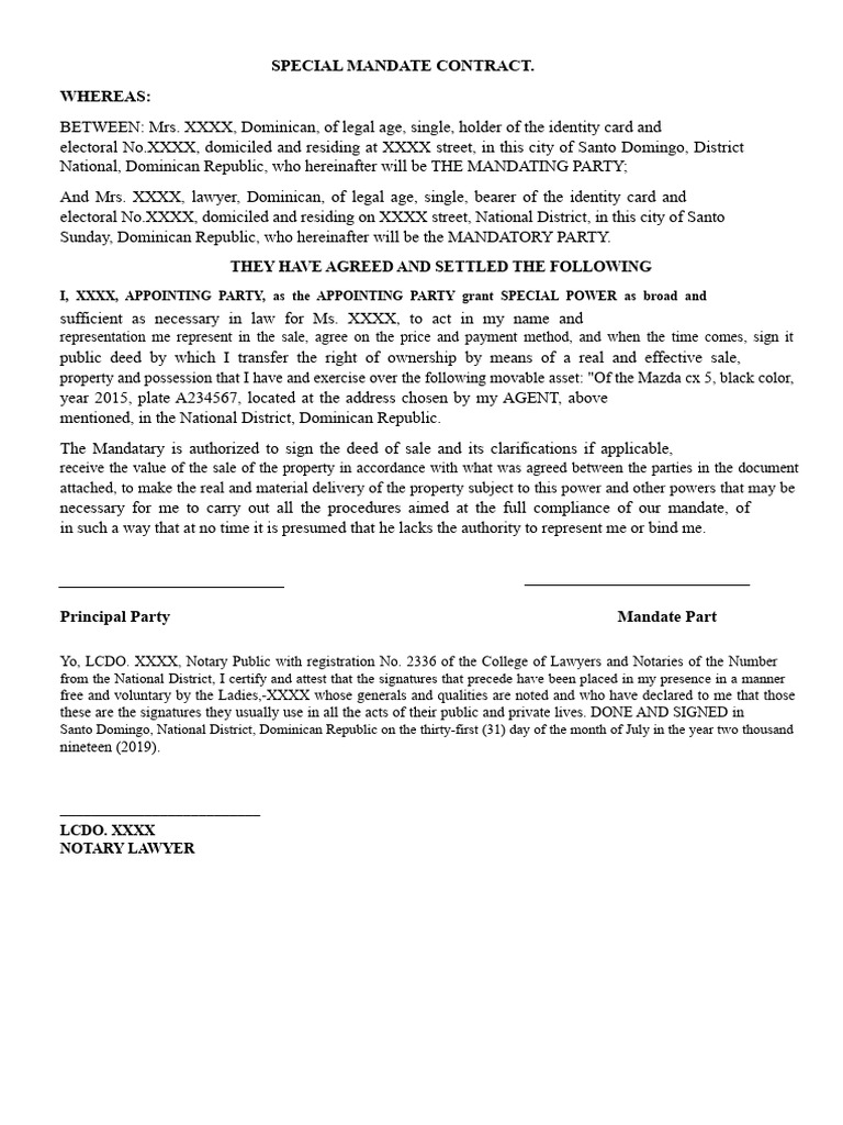 Special Mandate Contract for Vehicle Sale | PDF | Notary Public | Deed
