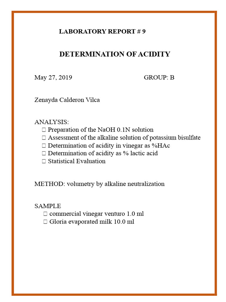 Determination of Acidity: Laboratory Report # 9 | PDF | Titration ...