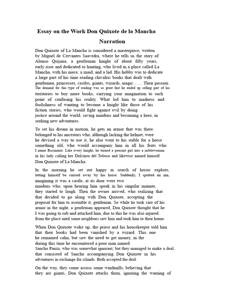 Essay On The Work Don Quixote de La Mancha | PDF | Don Quixote