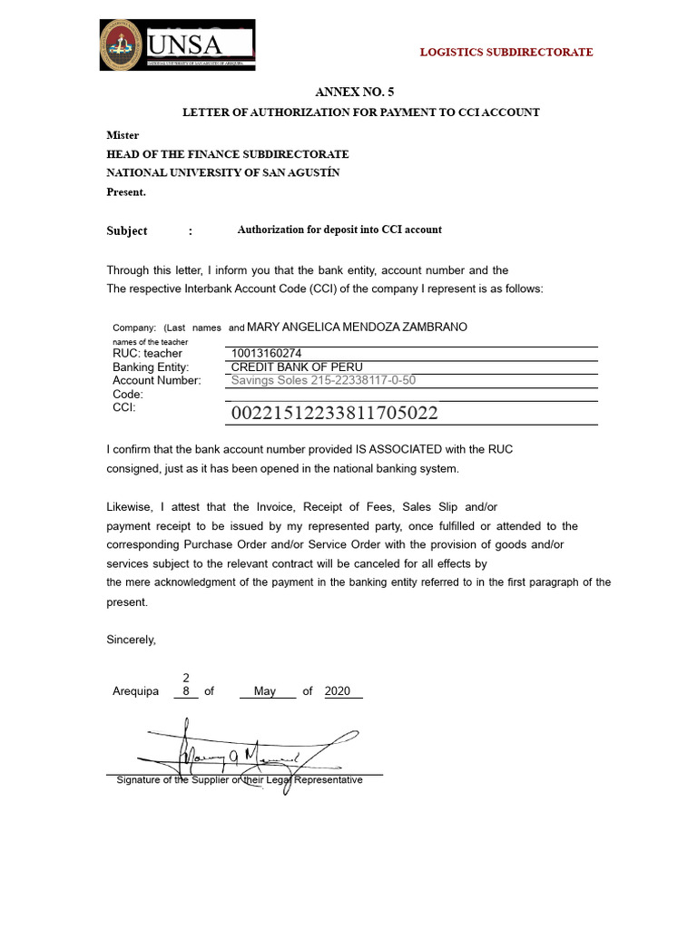 Annex 05 - CCI ACCOUNT AUTHORIZATION LETTER | PDF