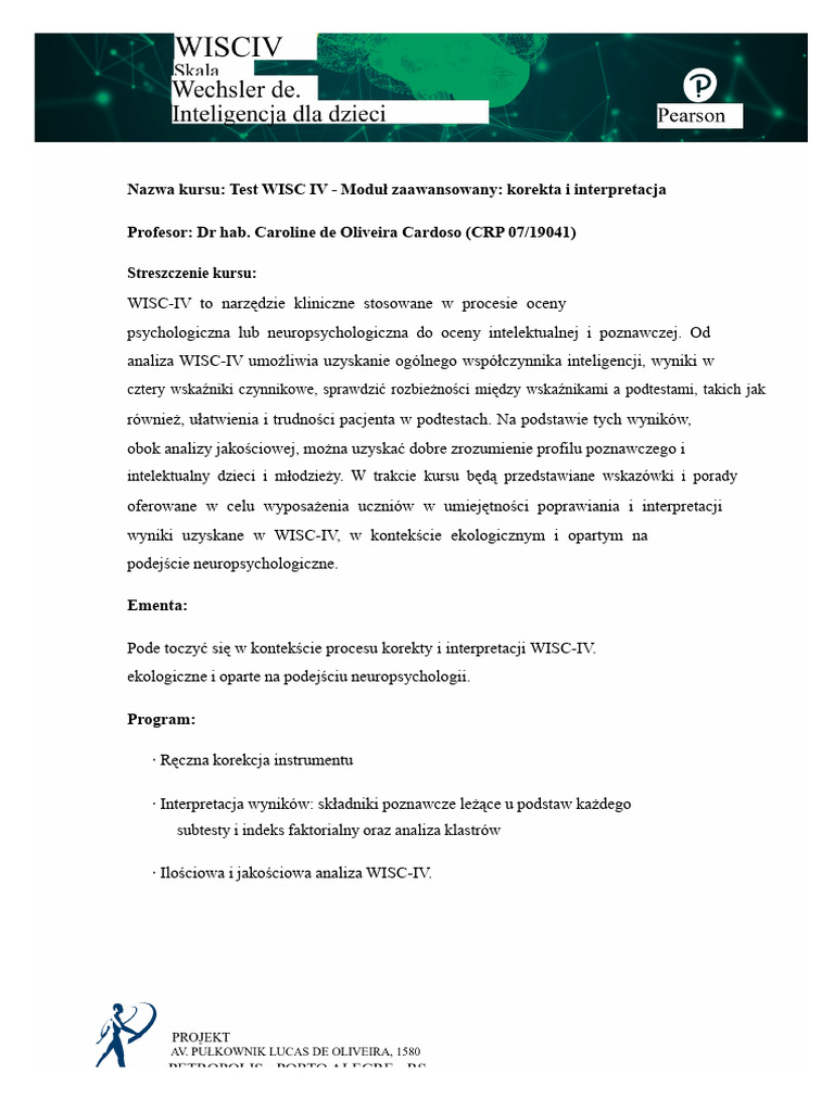 Program Test WISC IV - Moduł Zaawansowany Korekta I Interpretacja | PDF