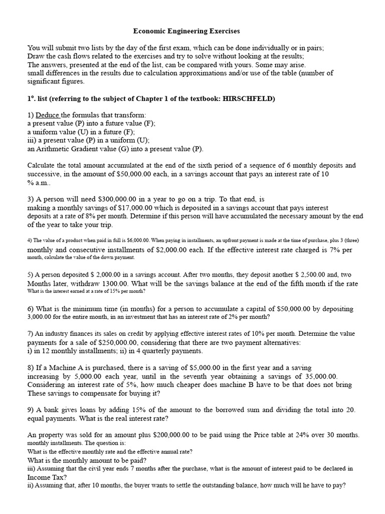 Exercise Lists 1 and 2 - Economic Engineering Projects | PDF | Interest | Present Value