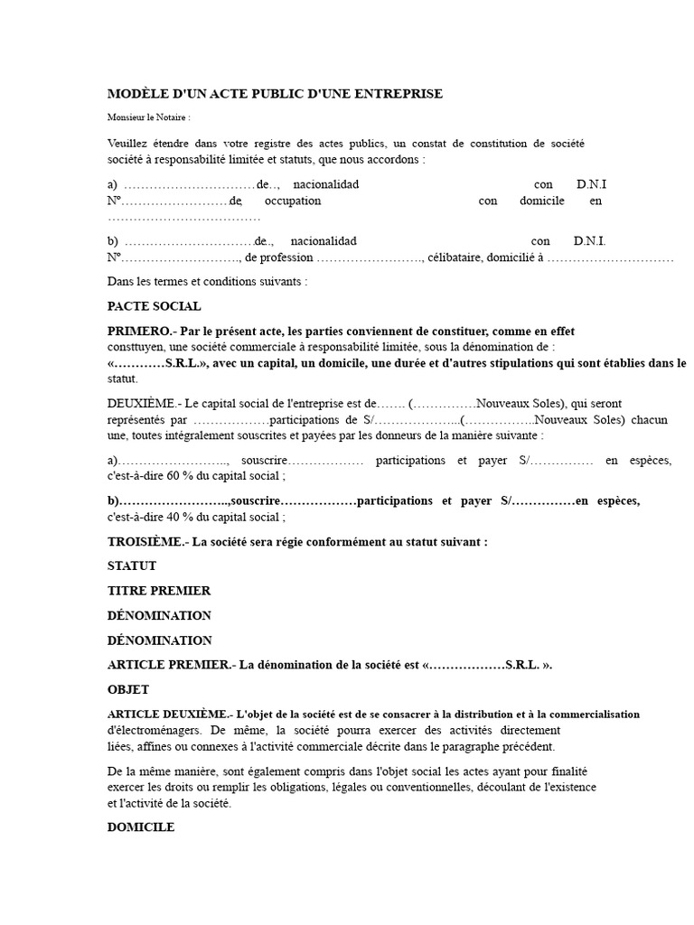 Modèle d'acte notarié de société S.R.L. | PDF | Arbitrage | Banques