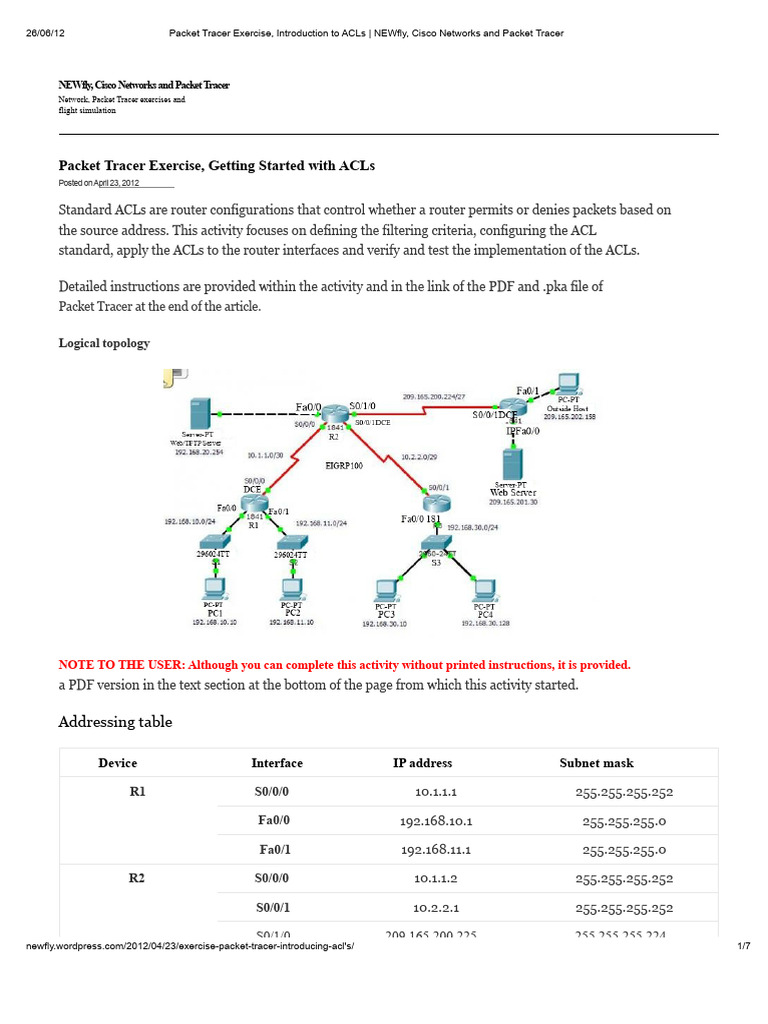 Packet Tracer Exercise, Getting Started With ACLs - NEWfly, Cisco Networks and Packet Tracer ...