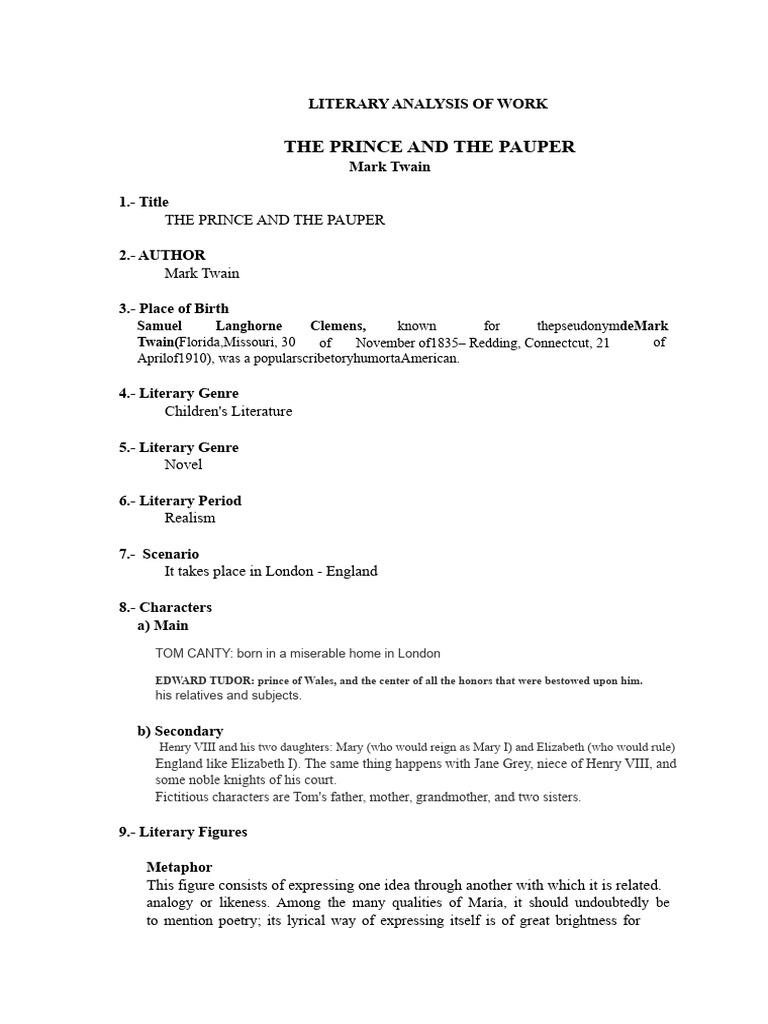 Literary Analysis The Prince and The Pauper | PDF | Mark Twain | The ...