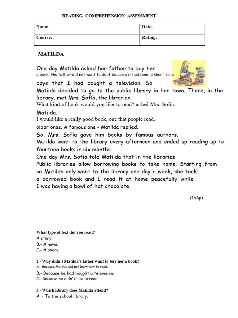 Matilda Reading Comprehension Quiz | PDF | Libraries | Chess