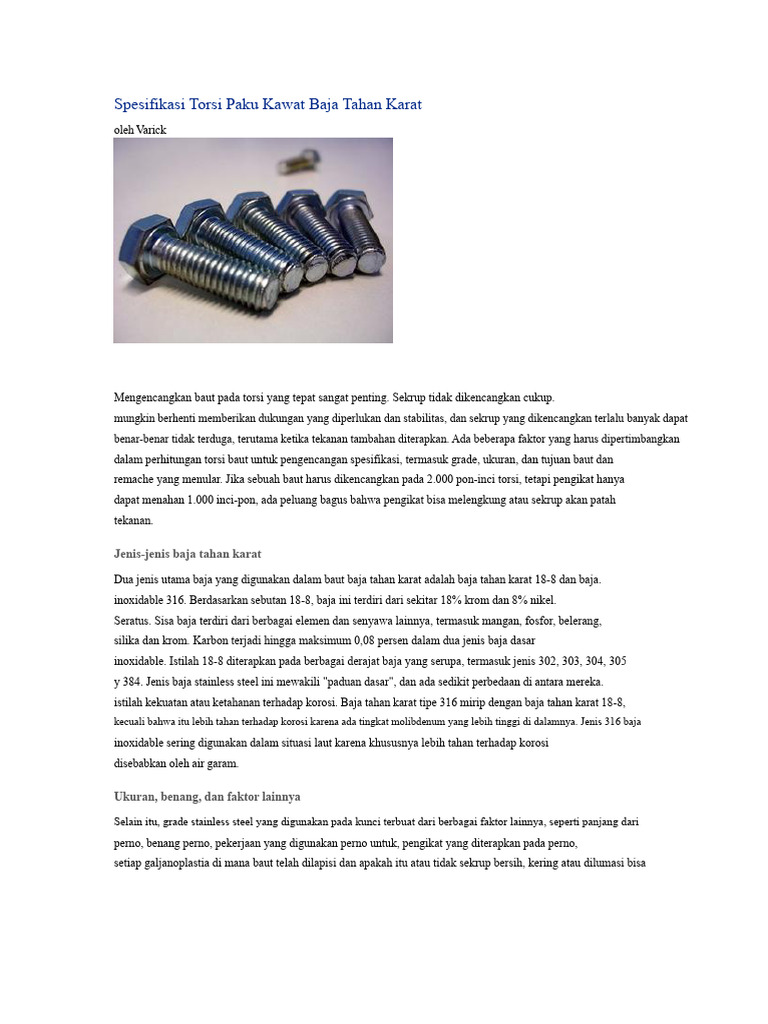 Spesifikasi Torsi Paku Stainless Steel.docx | PDF