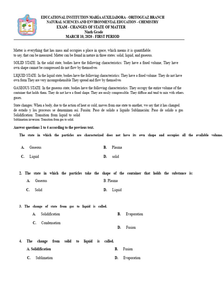 Ninth Grade Chemistry Assessment | PDF | Liquids | Gases
