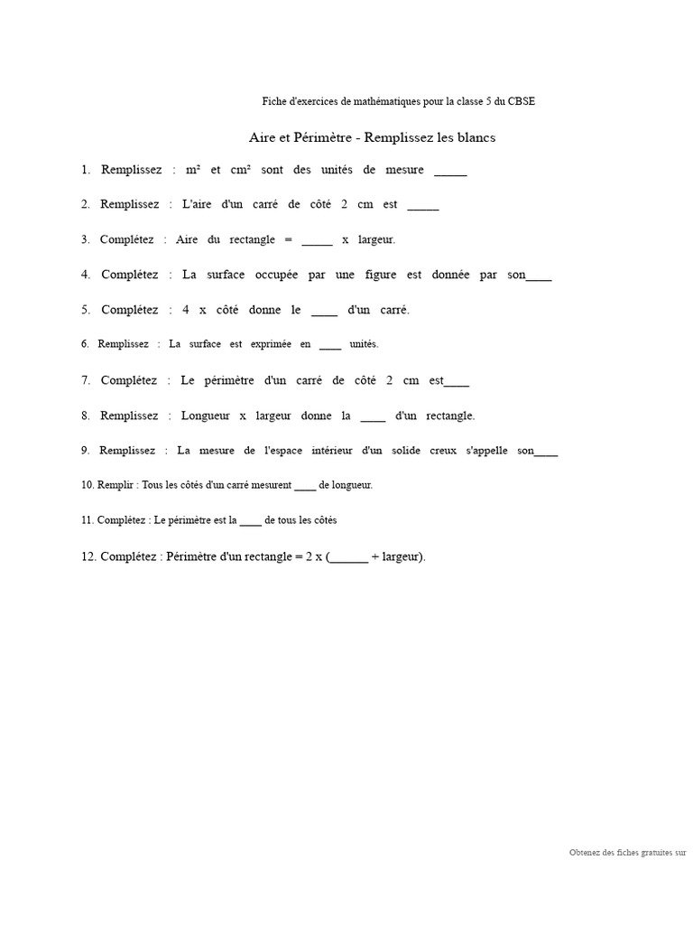 Exercices de mathématiques CBSE 5: Aire et Périmètre | PDF