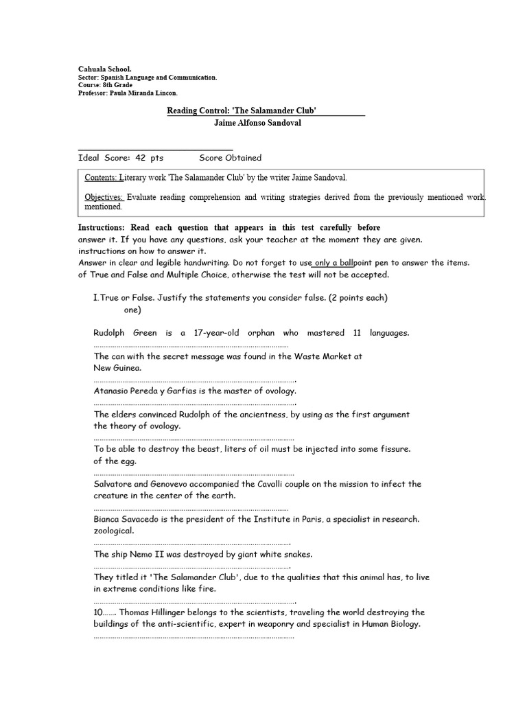 8th Grade Reading Test: Salamander Club | PDF | Reading Comprehension ...