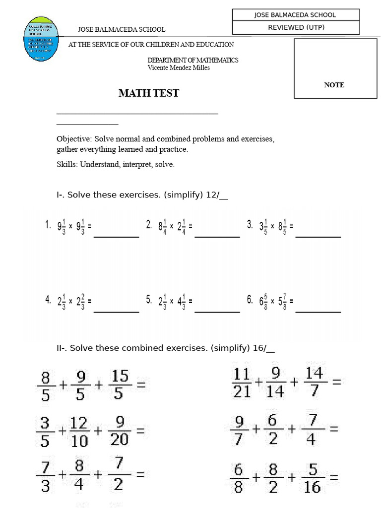 Math Test Fractions | PDF | Division (Mathematics) | Elementary Mathematics