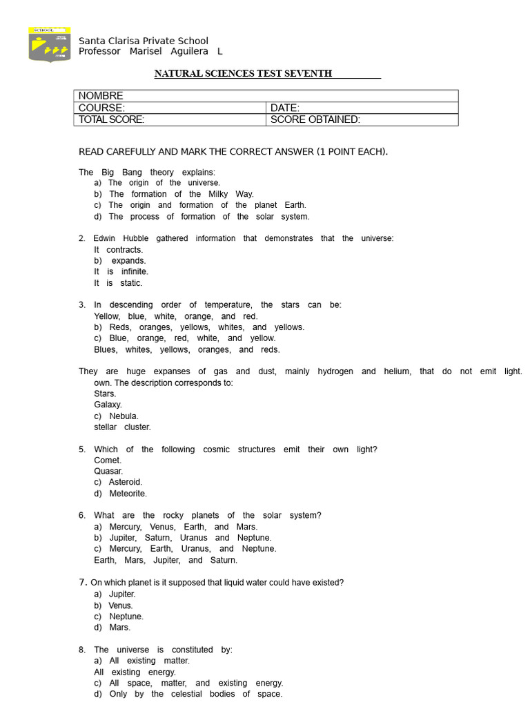Seventh Grade Natural Sciences Test | PDF | Solar System | Planets
