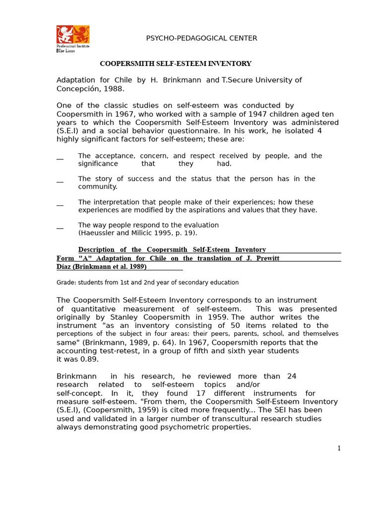 Coopersmith Test | PDF | Self Esteem | Psychometrics