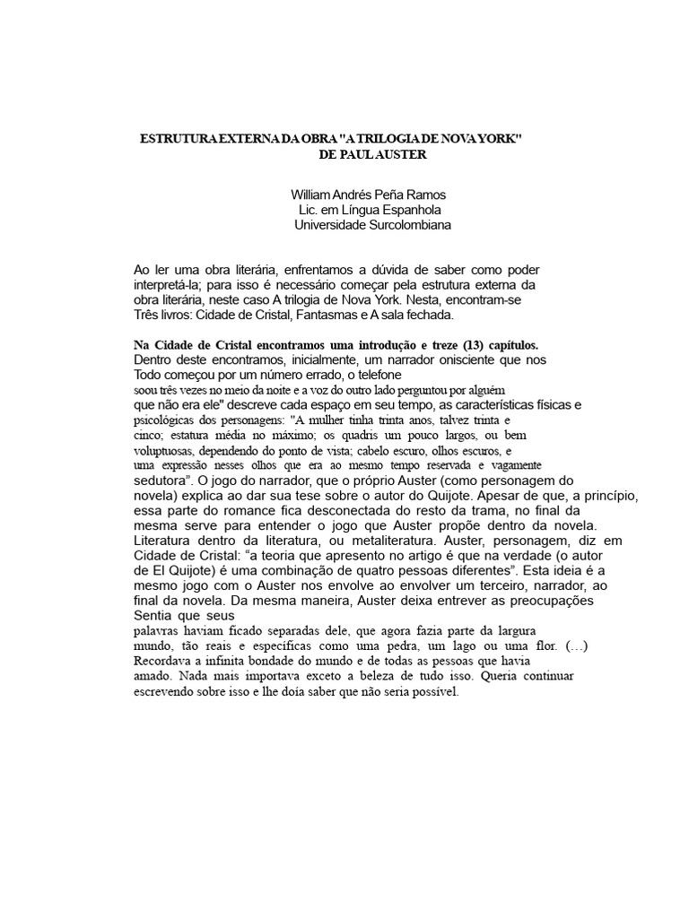 A trilogia de Nova York -Paul Auster-: estrutura externa | PDF | Tempo ...