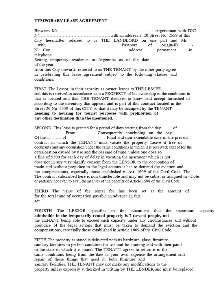 Temporary Lease Agreement in Argentina | PDF | Lease | Leasehold Estate