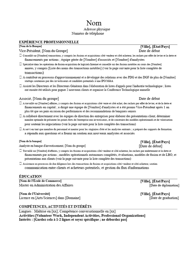 Modèle de CV de Banquier D'investissement Expérimenté - Page de ...