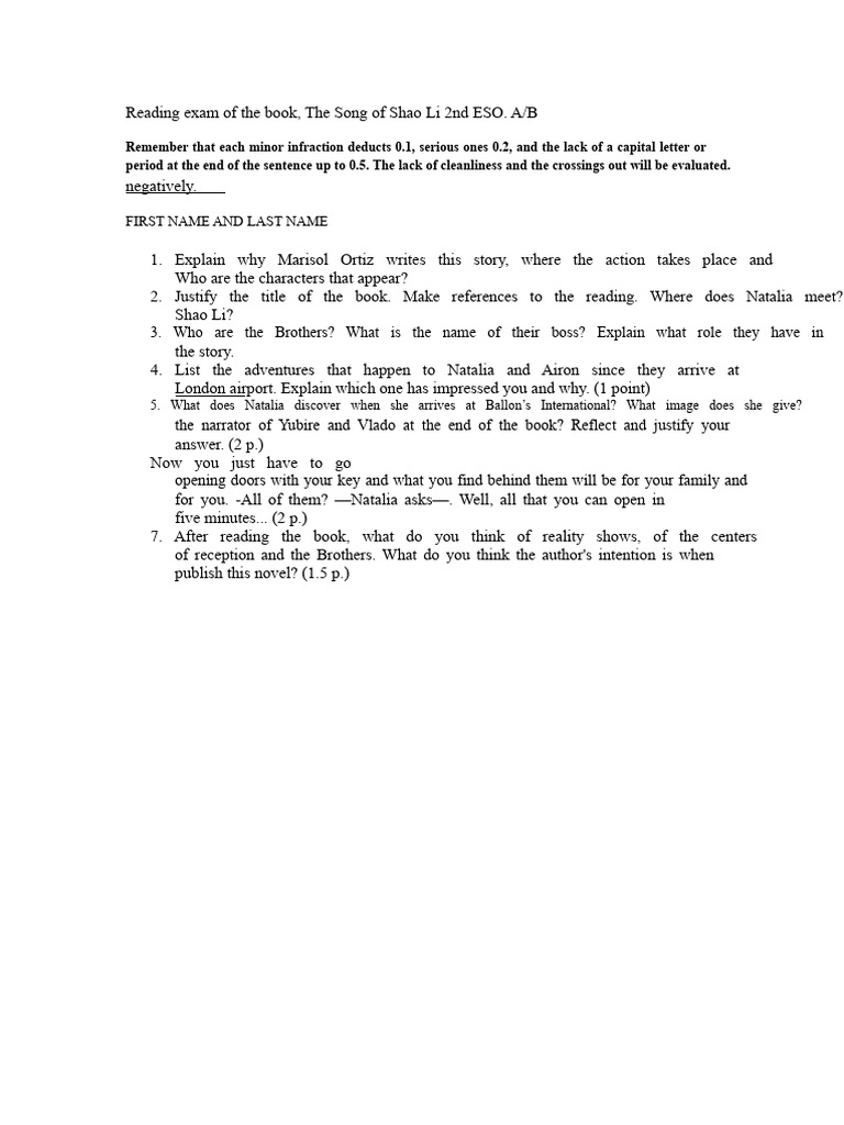 Reading Exam: The Song of Shao Li | PDF