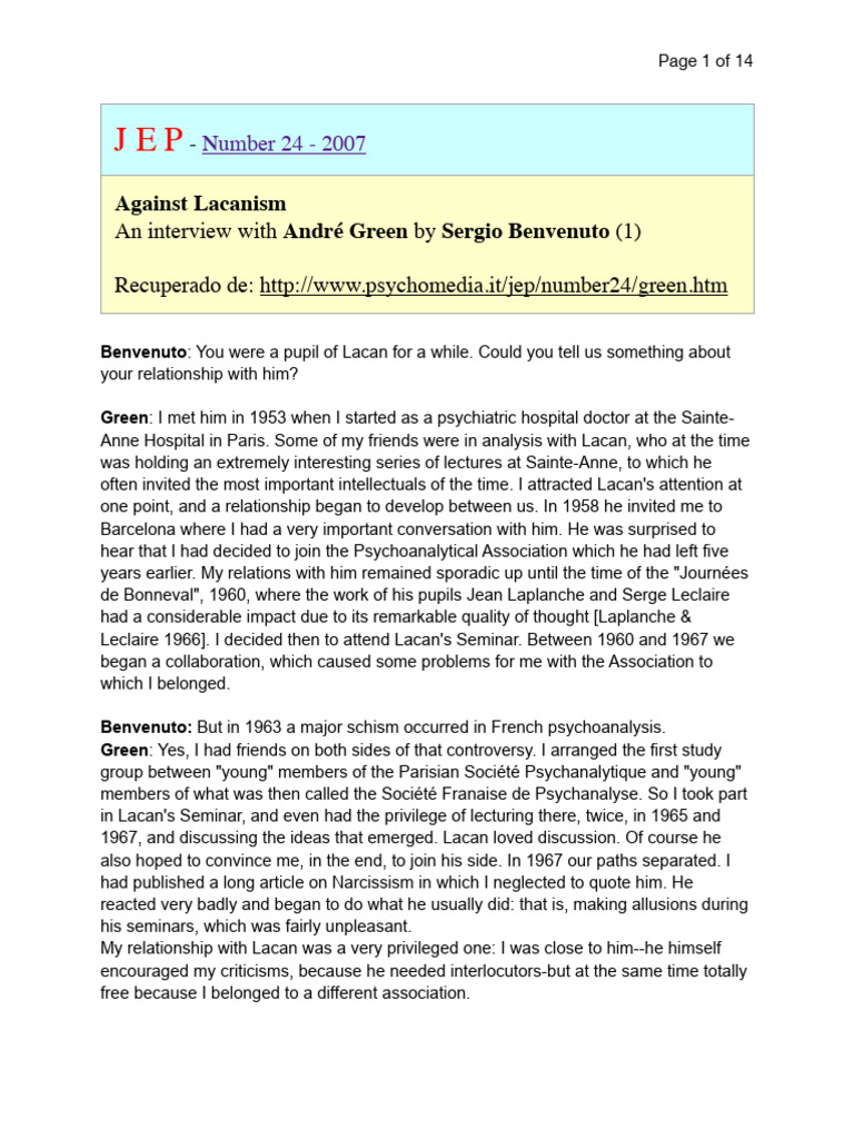 André Green Against Lacanism Interview | PDF | Jacques Lacan ...
