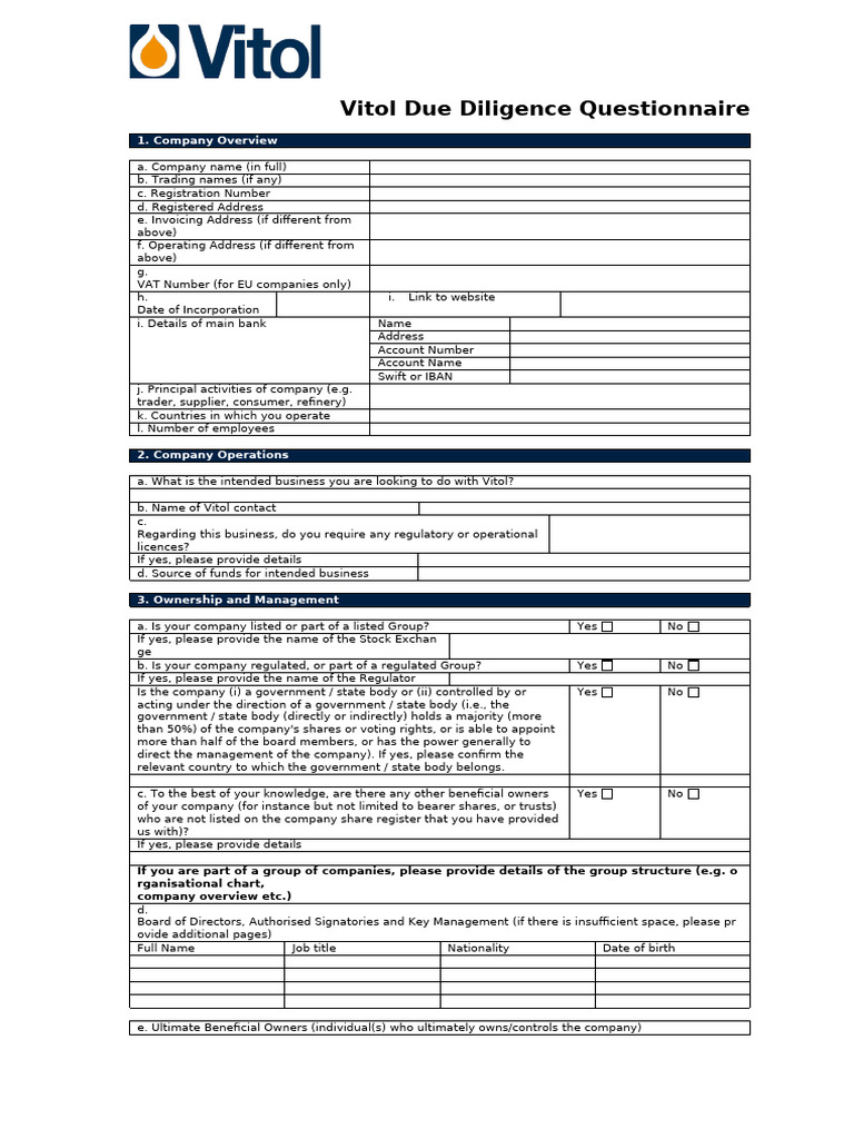 Vitol Company Due Diligence Form | PDF | Regulatory Compliance | Corruption