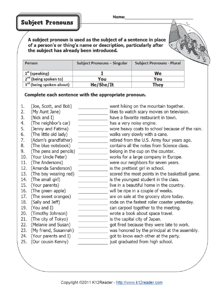 Subject Pronouns Worksheet - Grammar Practice | PDF