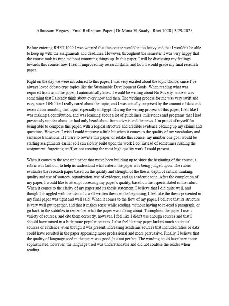 Final Reflection Paper-Alhussain Hegazy | PDF | Peer Review | Cognition